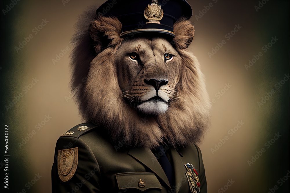 Portrait of a lion in a military uniform ready serve and protect, on a ...