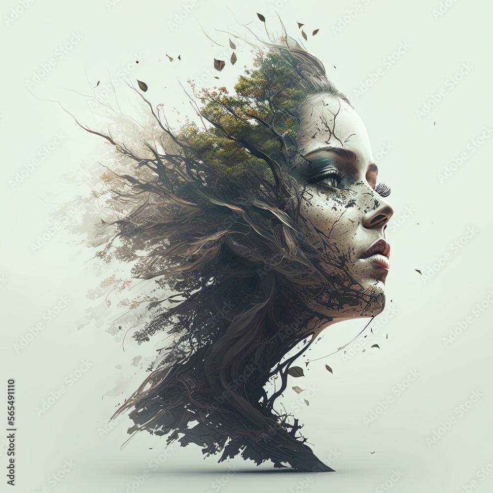 tree branches and green leaves coming out of a woman's face. White ...