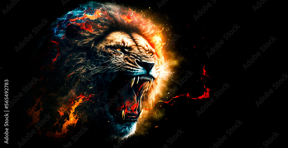 Roaring lion made of fire. Creative fire flames coming from the mad ...