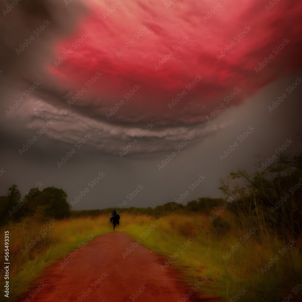 Creepy horror scene AI generated art red sky bulge dark creature on ...