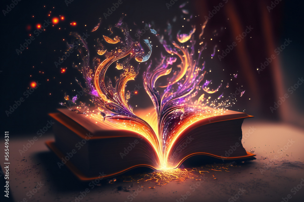 A close-up of an open book, the pages turning on their own as magic ...