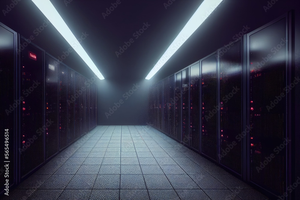 Dark Server racks in computer network security server room data center ...