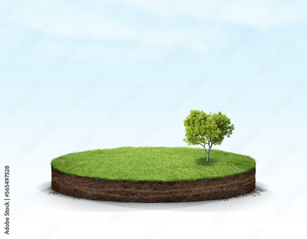 3D Illustration round soil ground cross section with earth land and ...