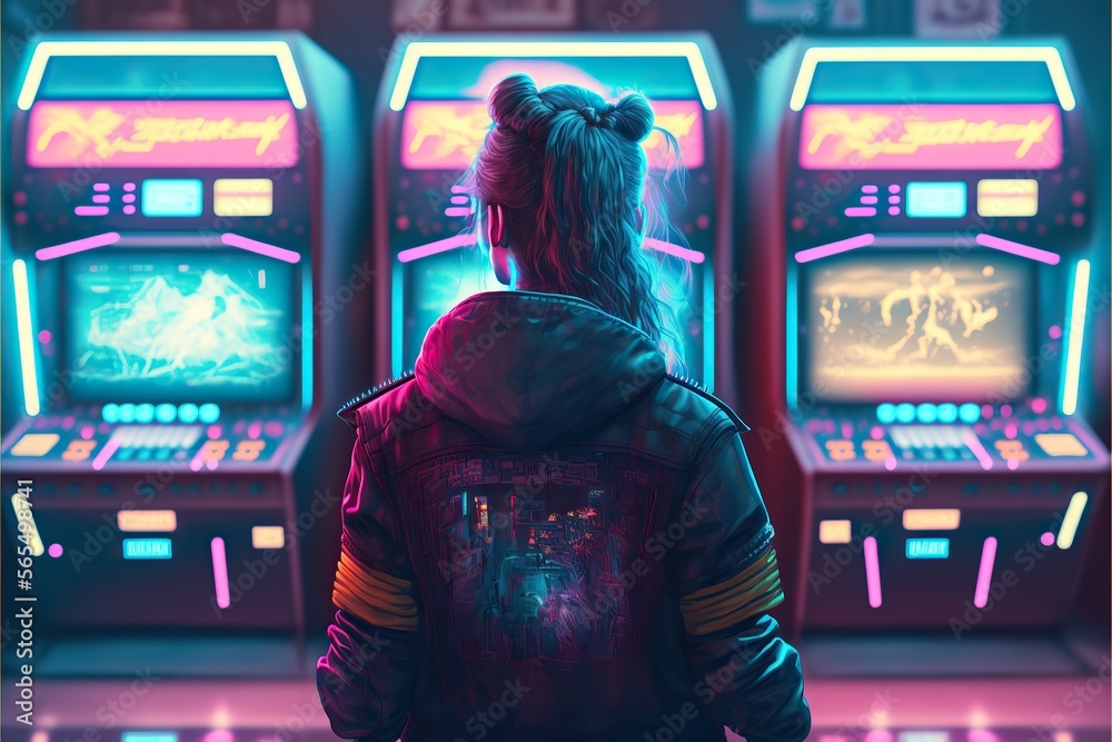 back view girl playing retro Arcade Machine hall, a synthwave hall with ...