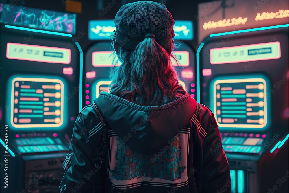 back view girl playing retro Arcade Machine hall, a synthwave hall with ...