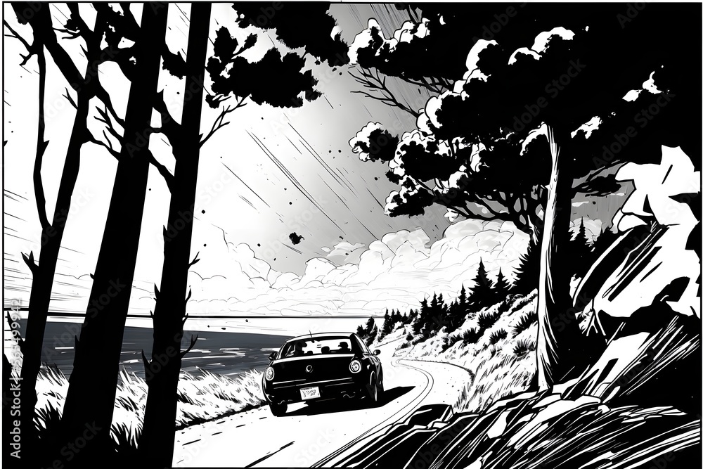 wideview of car driving through a peaceful landscape birds eye dynamic ...