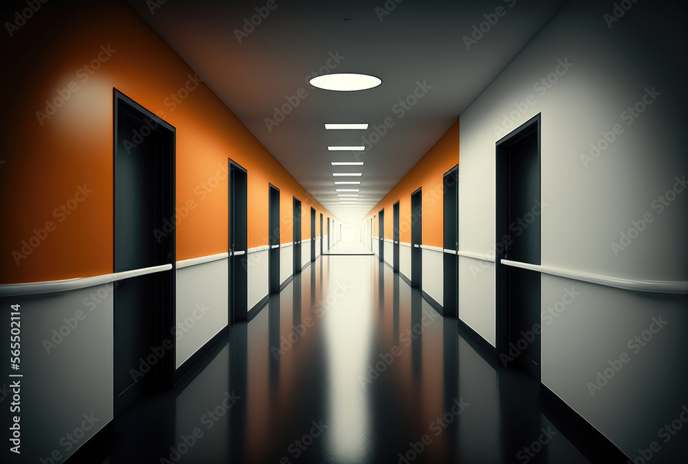 Langer Korridor mit schwarzen Türen - Generative Ai Stock Illustration | Adobe Stock
