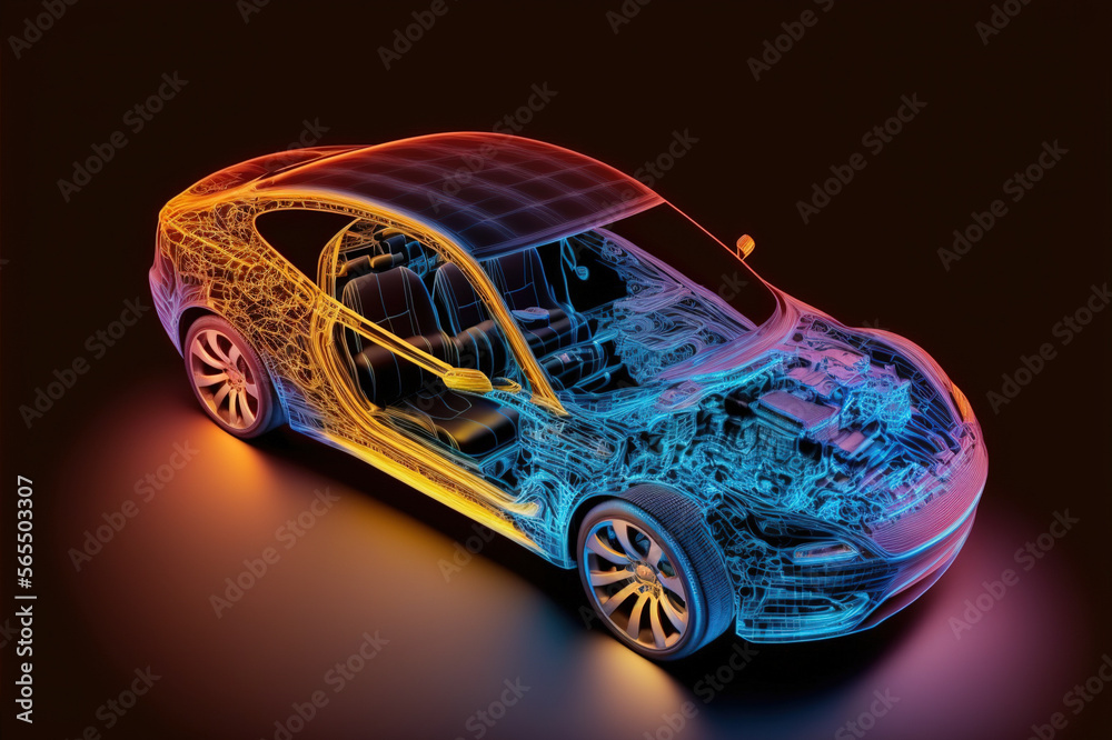 Virtual simulation of future electric car showing wireframe prototype model blueprint in display ...