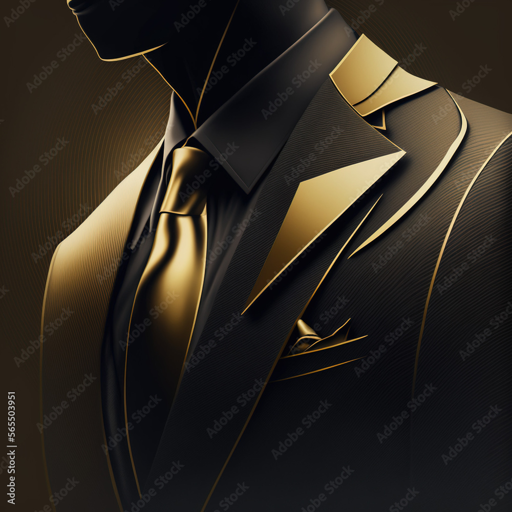 Businessman in black and gold suit, rich and luxurious, close-up with ...