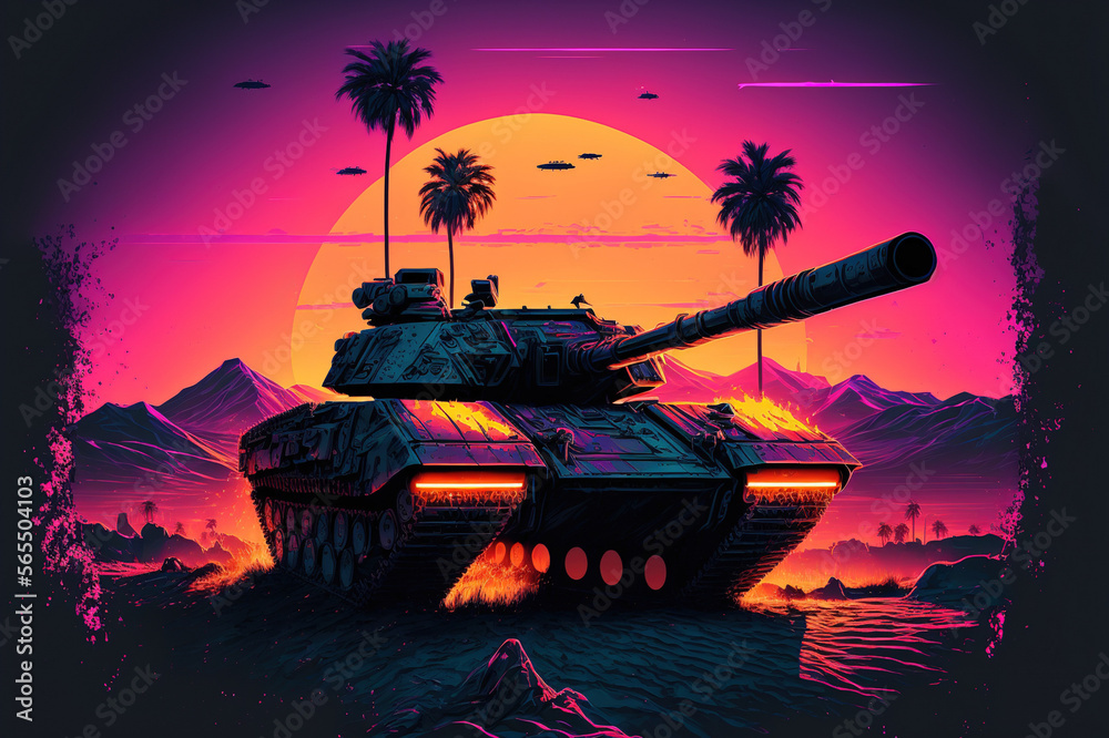 Military armor tank illustrated in retro neon light and vaporwave ...