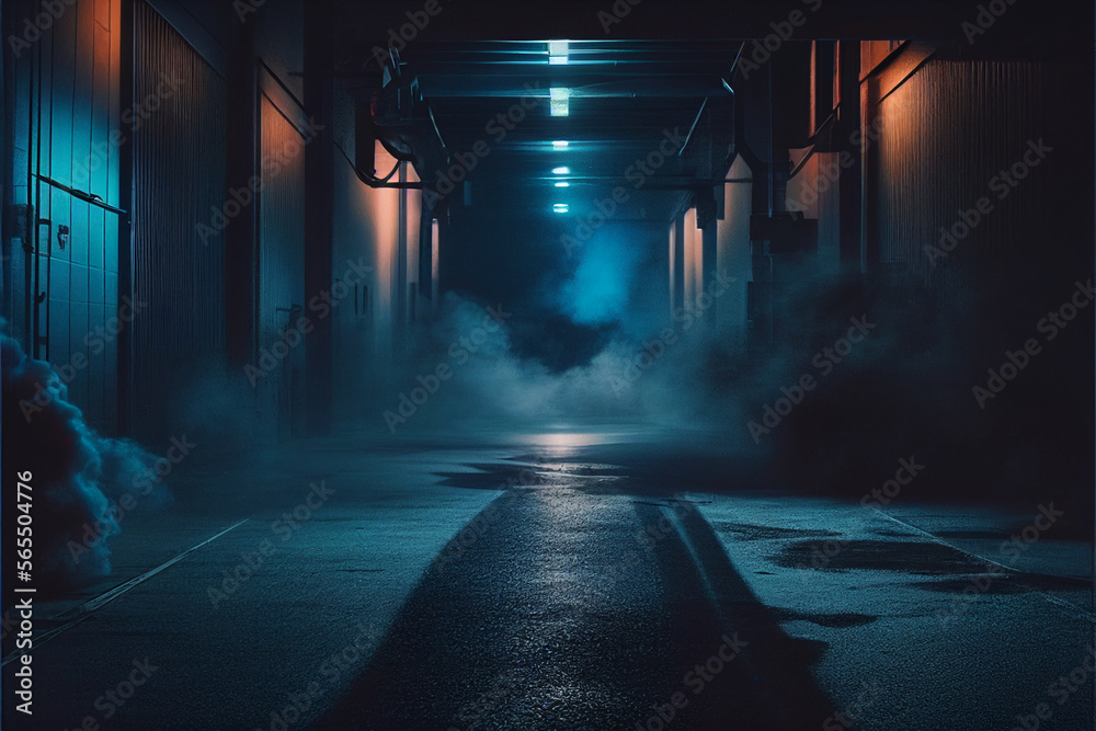 A dark empty street, dark blue background, an empty dark scene, neon ...