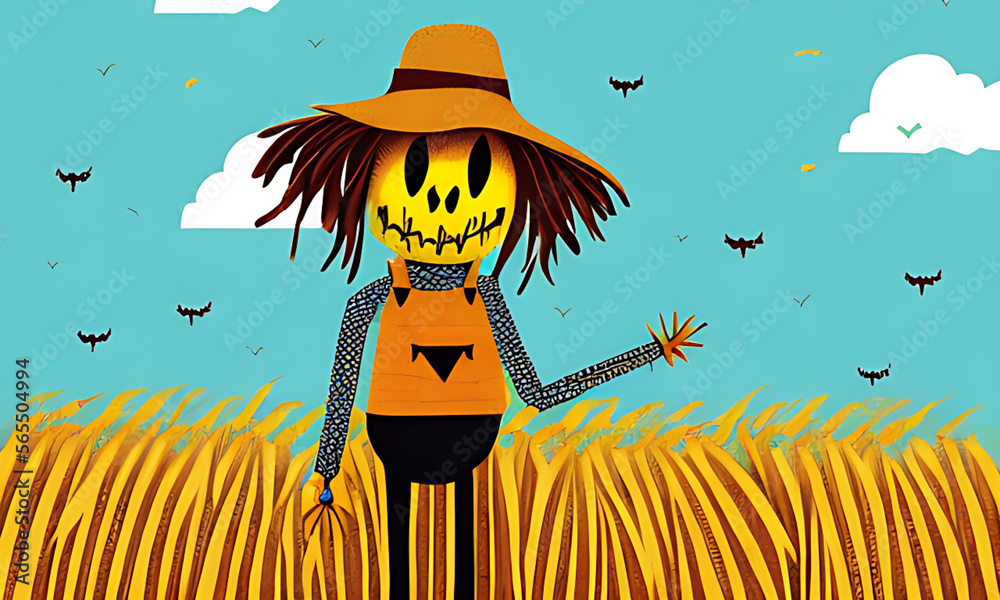Generative AI : whimsical drawing scarecrow in field, pastel colors ...