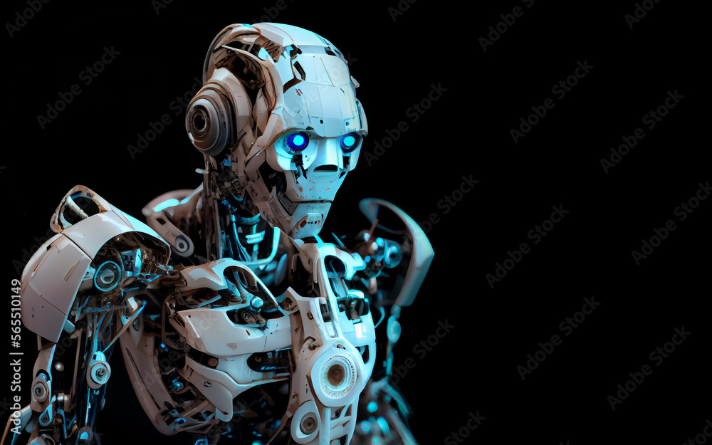 Robot android with blue lights isolated in black background created ...