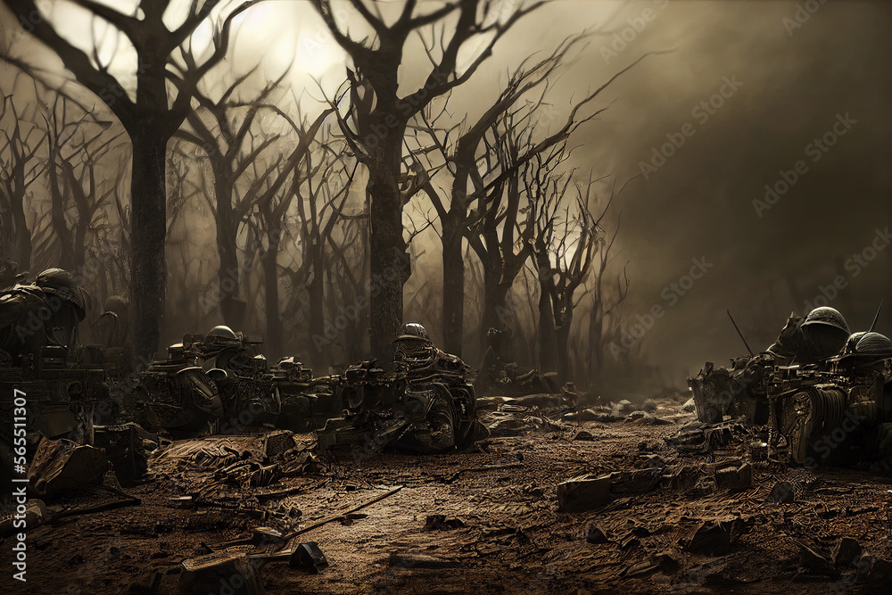 Splendid art of apocalyptic ruined landscape devastated by war ...