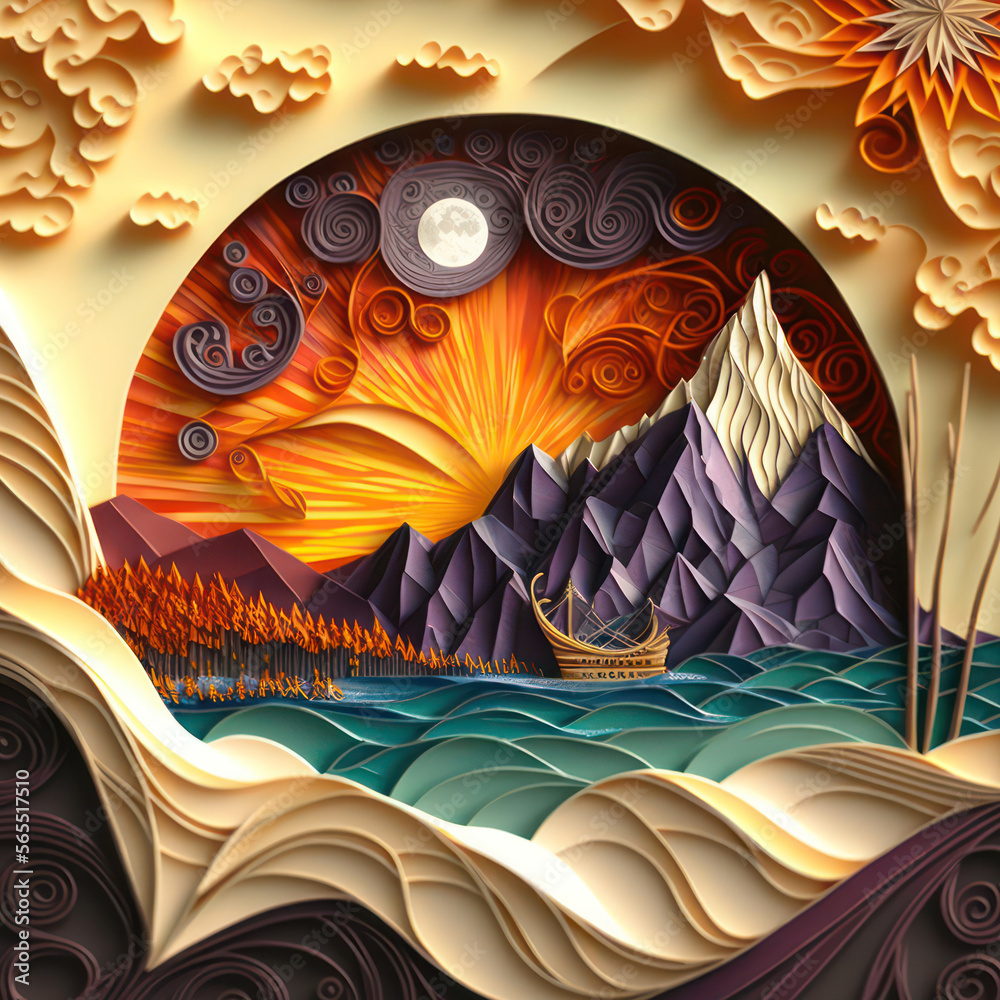 Generative AI illustration of paper art carft quilling mountain ...