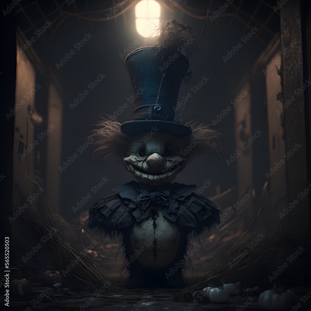 small evil raggedy puppet with top hat on strings in a dark abandoned ...