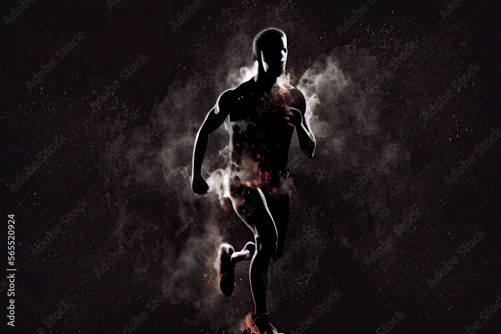 Abstract silhouette of a running athlete man on the dark, black ...