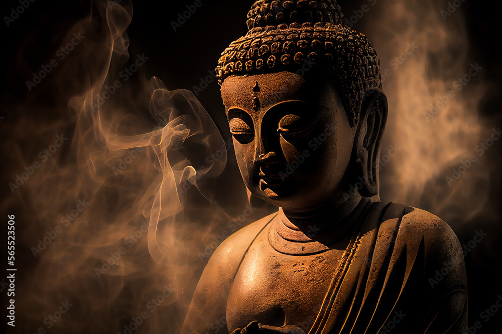 Buddha statue in the dark atmosphere, backlight, and incense smoke ...