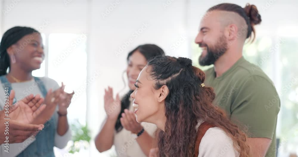 Winner, applause and success with a business team clapping together in ...