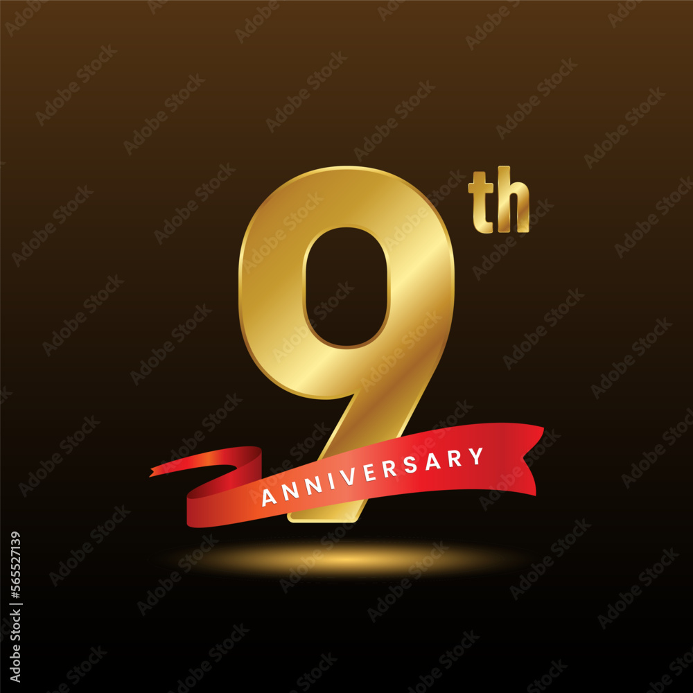 9th anniversary logo design with golden numbers and red ribbon. Logo ...