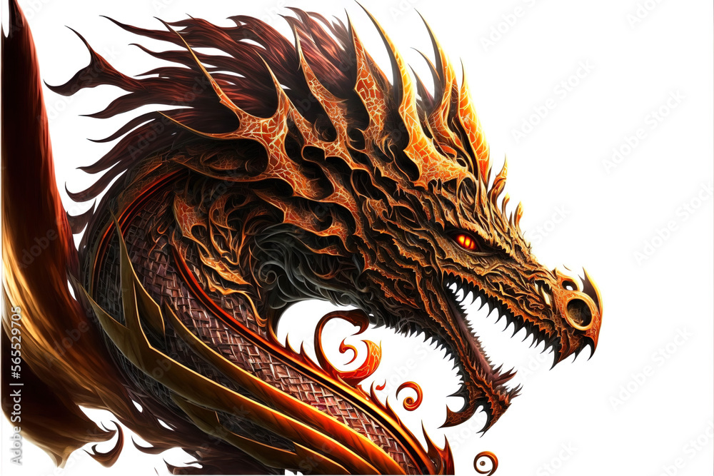 intricate illustration of an ancient japanese dragons head with fire ...