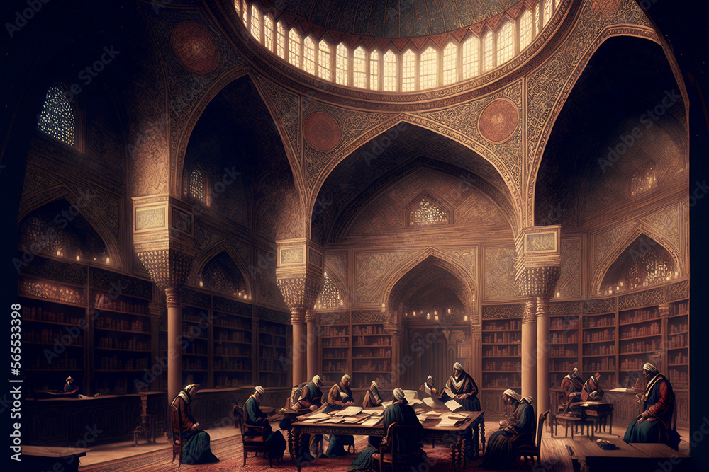 A Generative AI-generated illustration of an Islamic library, representing the advancements made ...
