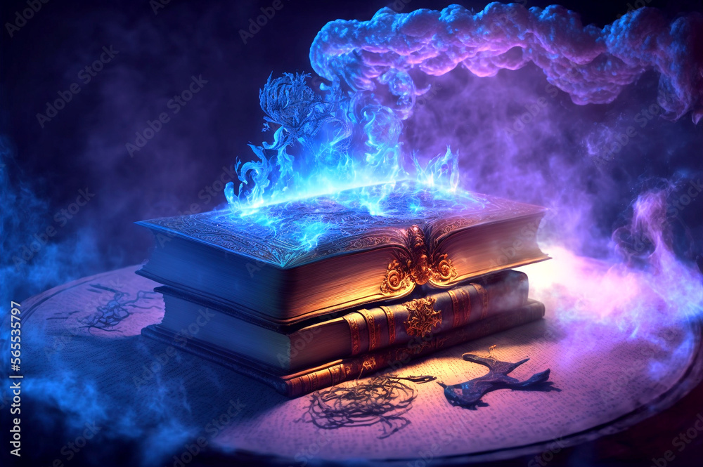 pile of books burning in the magic flames of wisdom, revealing their ...
