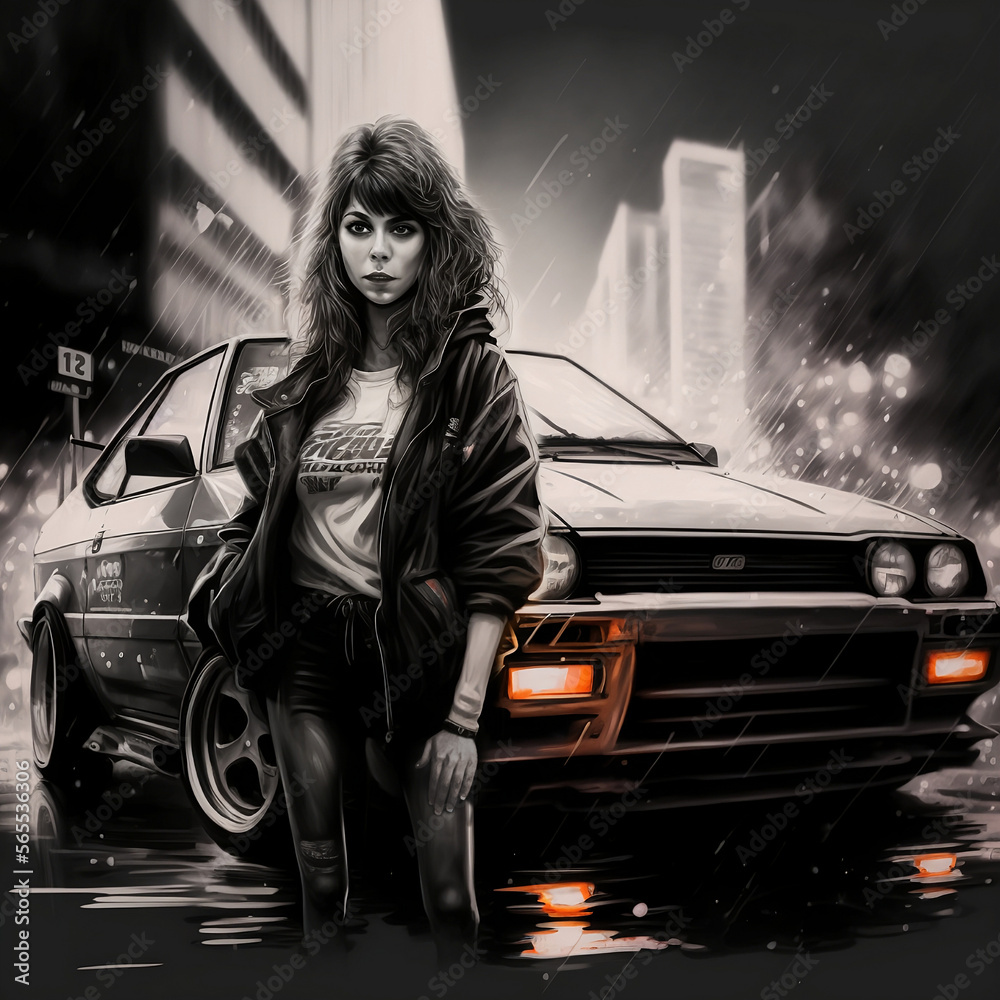 1980's Retro Black & White Girl Big Hair Asian Japanese with Toyota ...