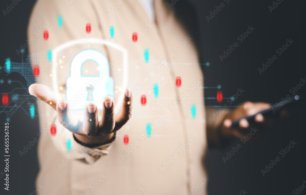 cybersecurity and privacy concepts to protect data. Business man shows ...