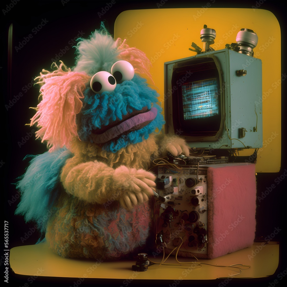 1970s weird cosmic muppet with a cyborg computer body pastel color ...