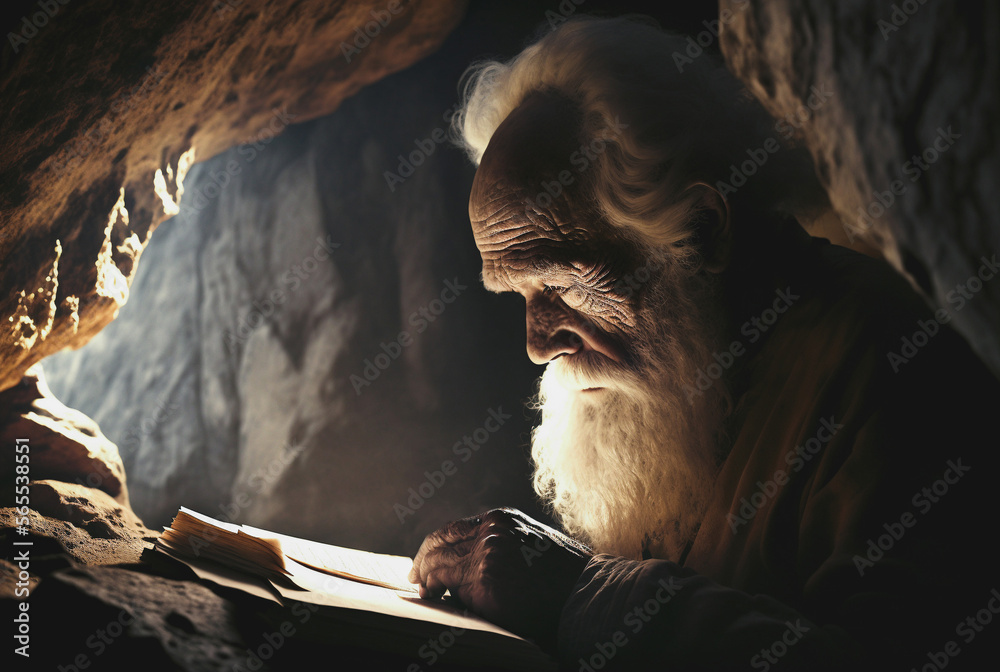Old man with a long white beard reading a book in a dark cave ...