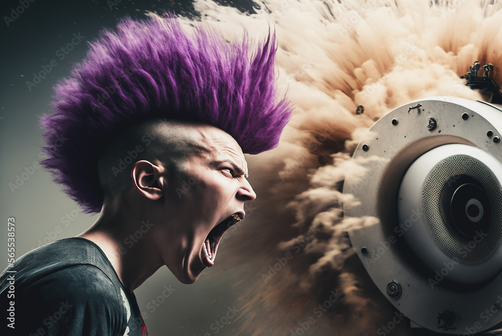Punk rock teenager with a purple mohawk listening to loud music from a ...