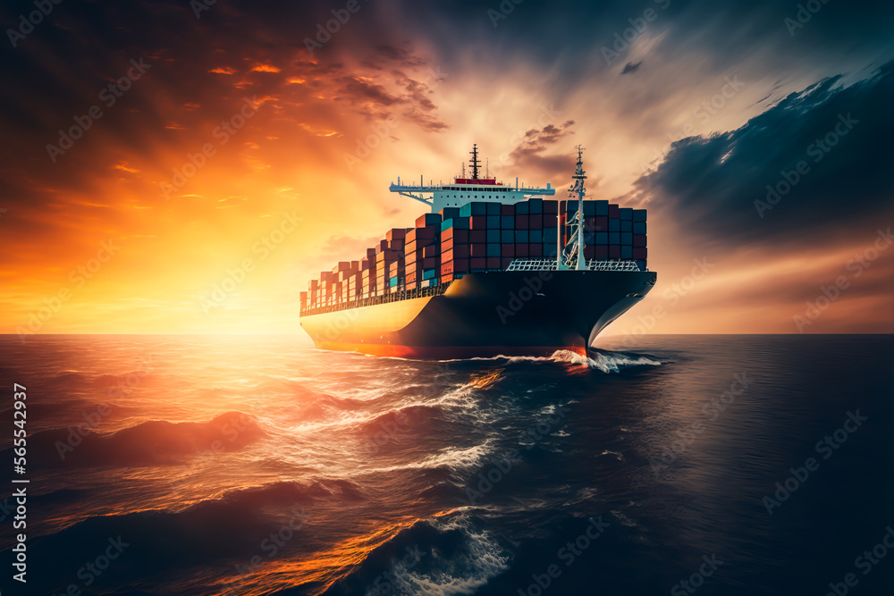 Cargo transportation industry concept. Container ship in the ocean at ...