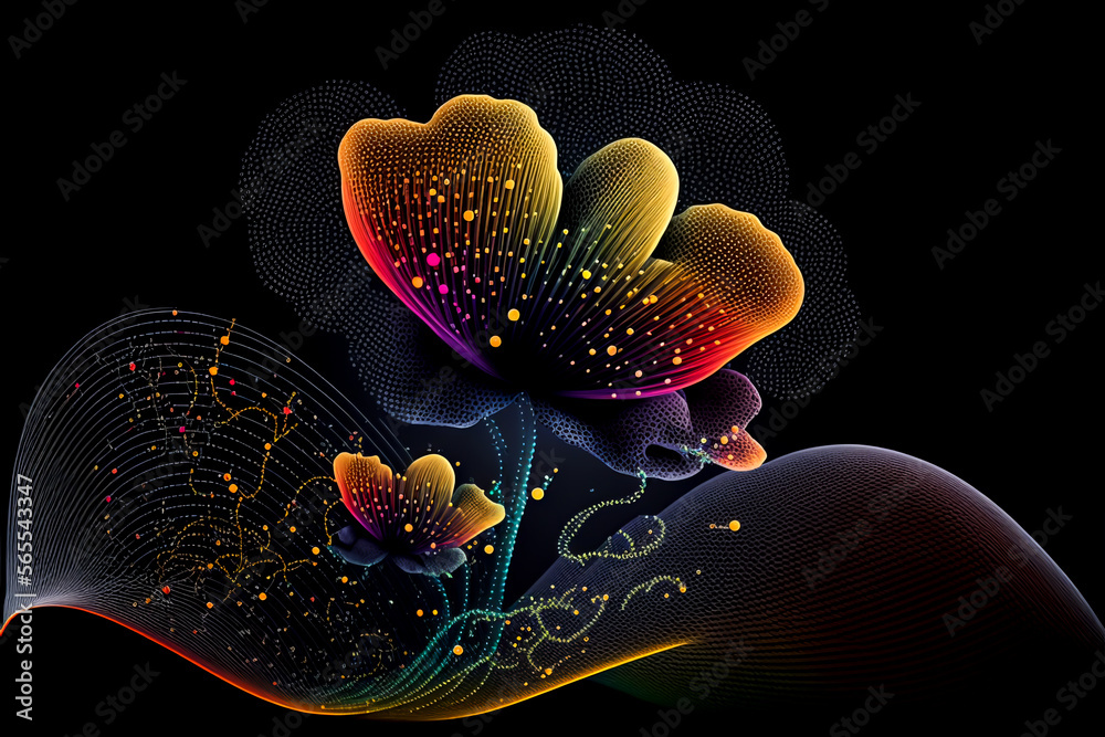 Colorful digital flowers on black background. Big data technology in ...