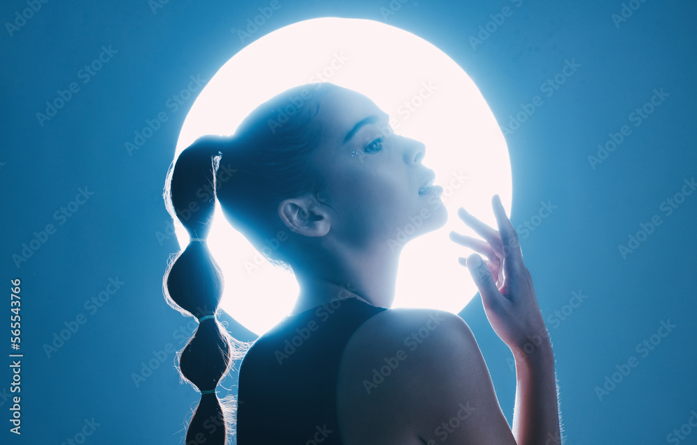 Magical, beautiful and face of a girl with lighting isolated on a dark ...