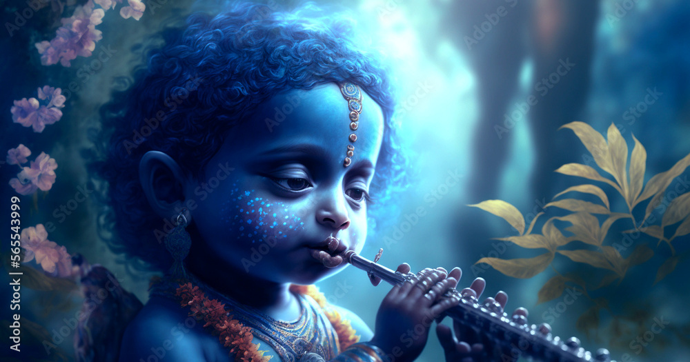 Cute little Lord Shree Krishna playing flute. Created using generative ...