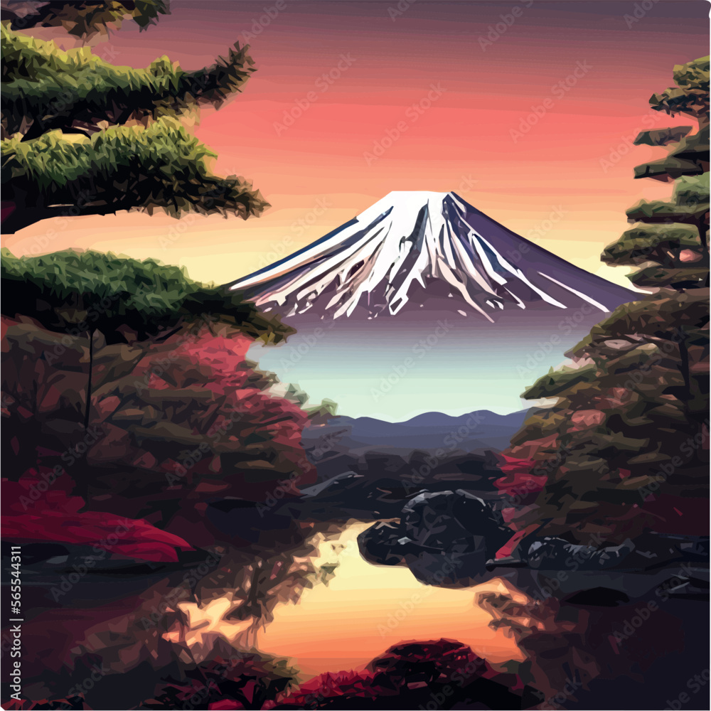 Vector illustration of Japanese Mount Fuji with variety of trees, Ideal ...