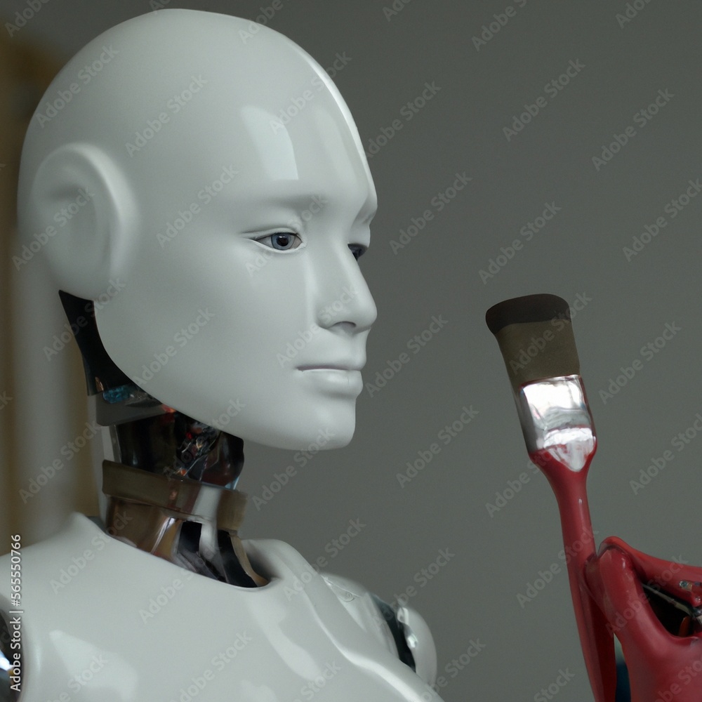 Humanoid AI artist and hand holding paintbrush as artificial ...