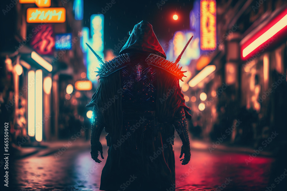 Standing dark samurai on the street. Non-existent person in Generative ...