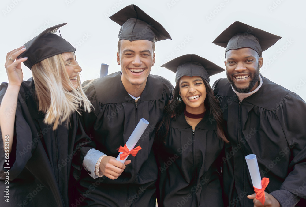 Graduation, university and portrait of students with success, education ...