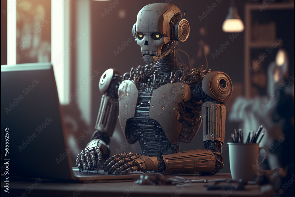 robot working on computer, android works on a laptop, technological ...