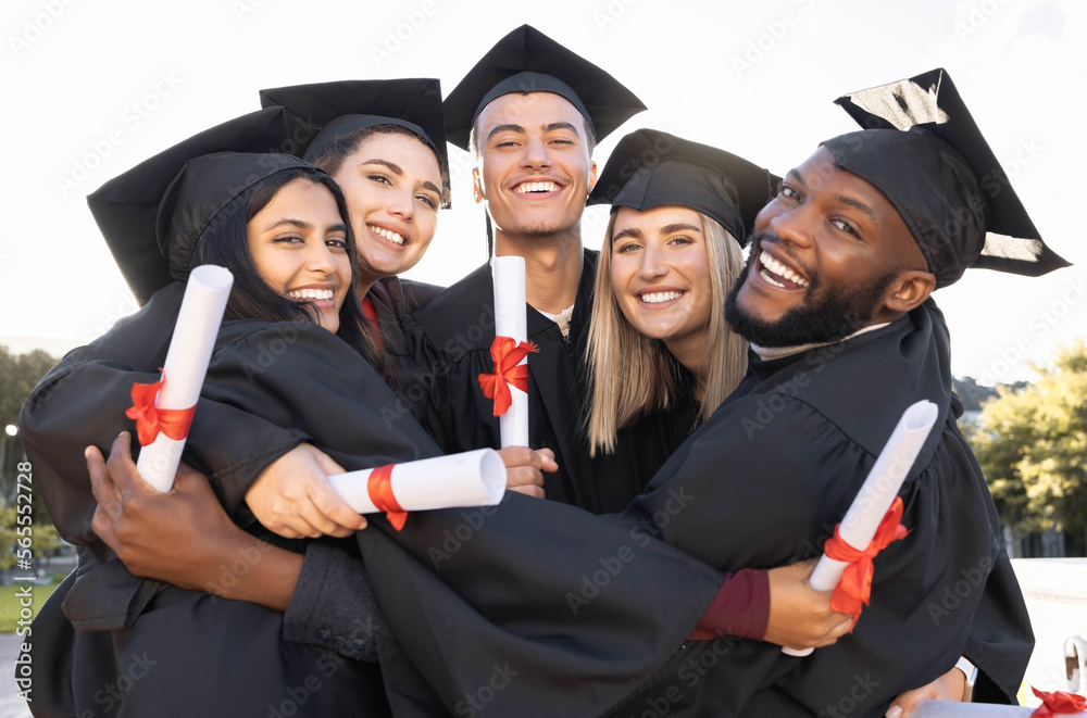 Graduation, group portrait and hug for celebration, success and ...