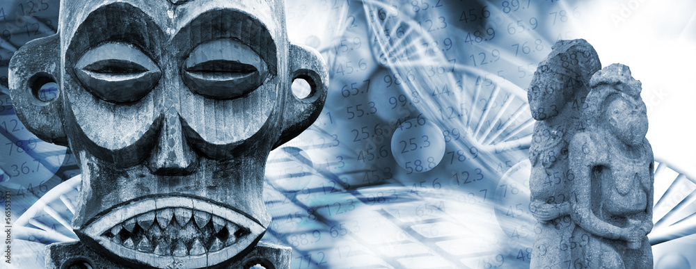 ancient cult mask and cult sculptures against the background of an ...