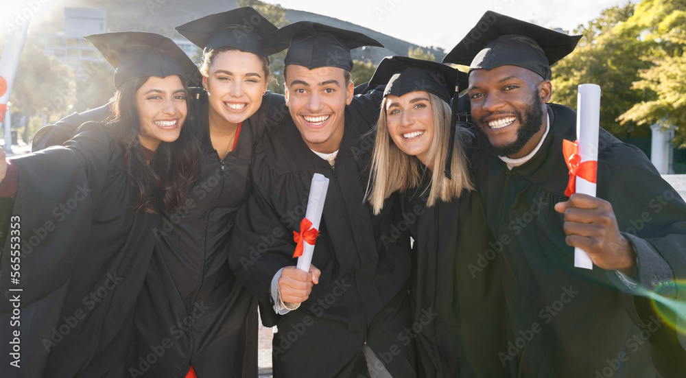 Graduation, happy group and portrait of students celebrate education ...