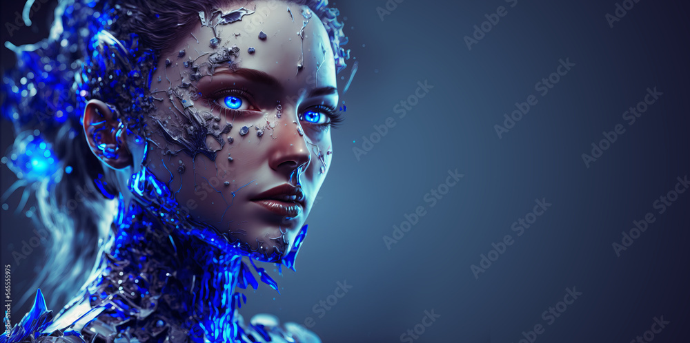 Cyborg robot android girl with blue eyes in an empty background created ...