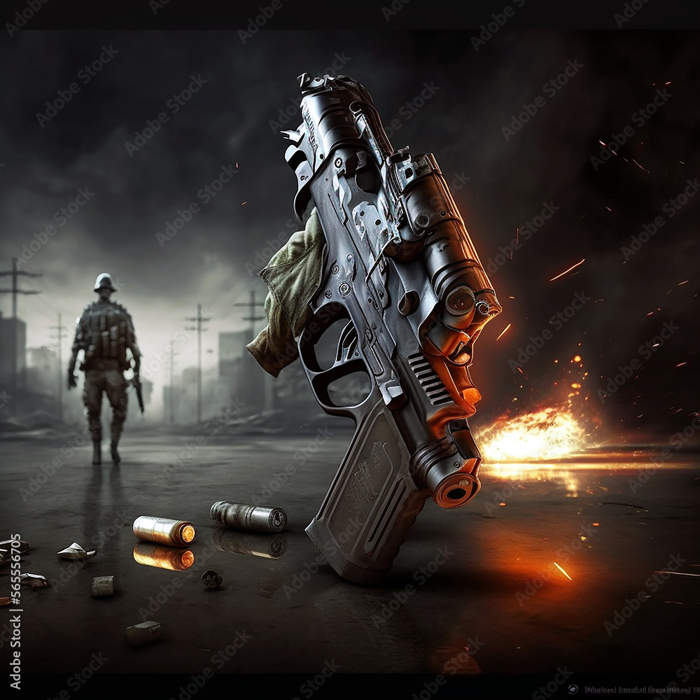 gaming character in futuristic suit aiming weapon,shooting gun ...