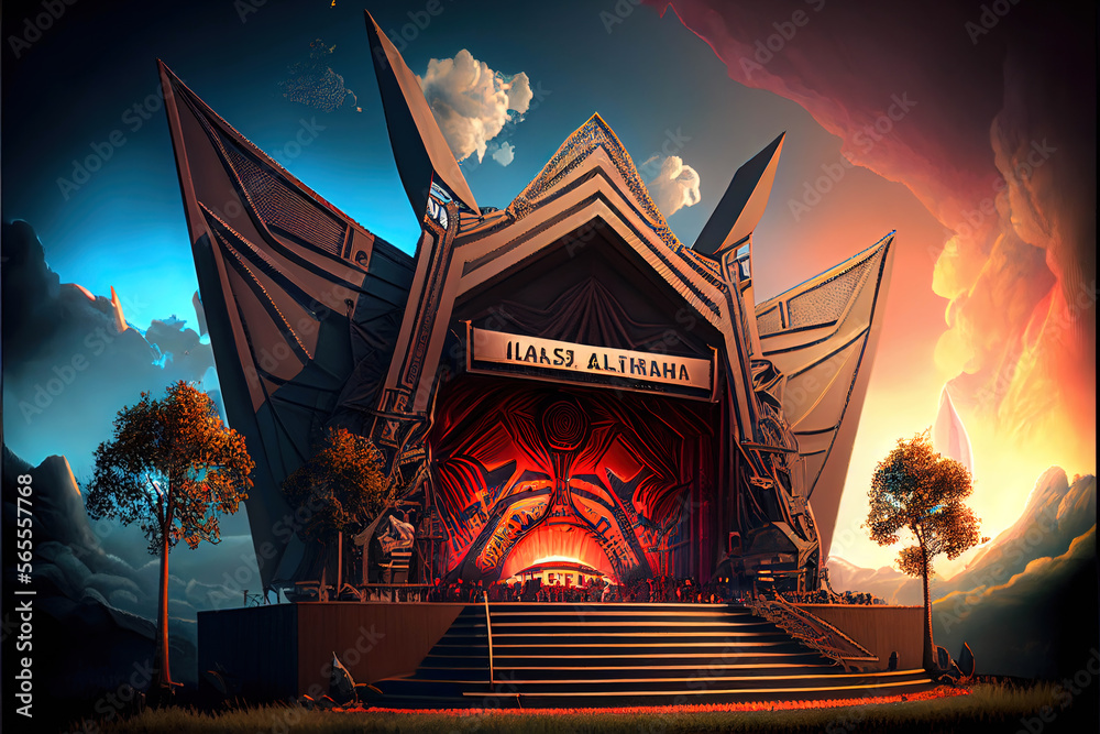 bright 3d illustration of a heavy metal festival stage from the future ...