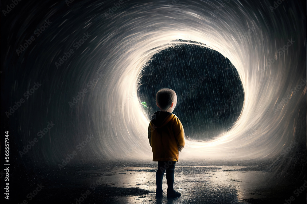 trippy 3D surreal illustration of a child contemplating entering a ...