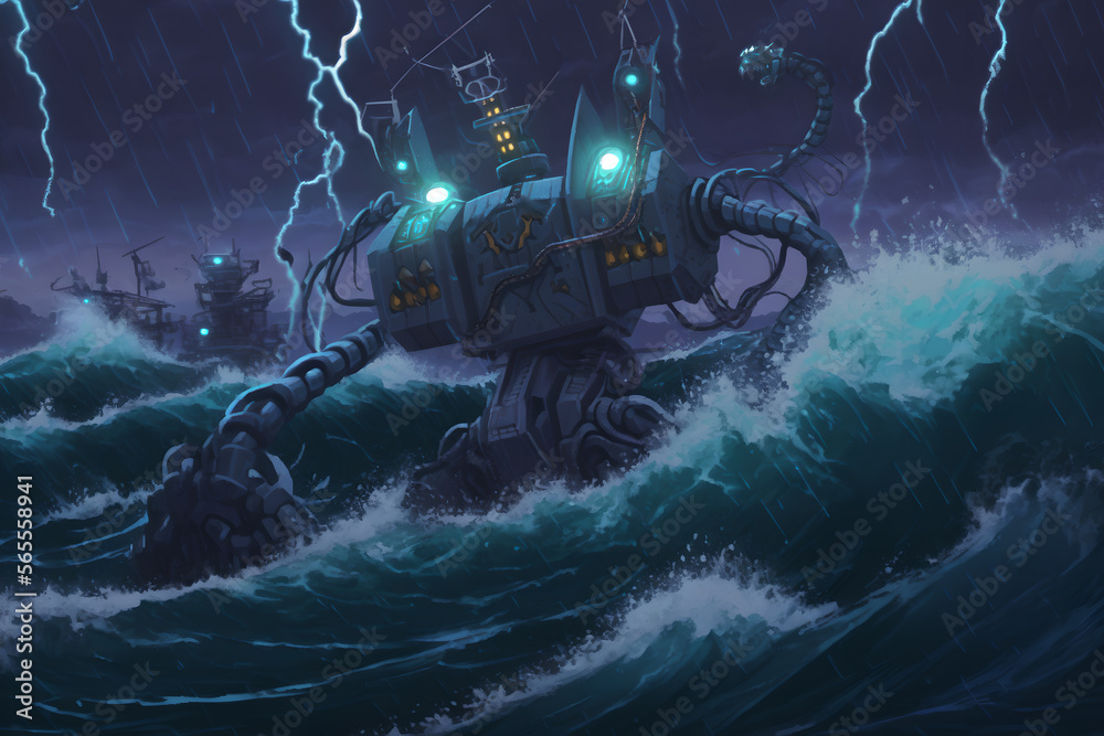 A huge robot monster rising from the ocean in a huge wave and great ...