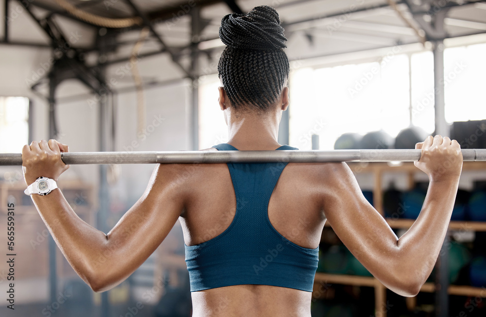 Fitness, black woman or bodybuilder with a barbell in training, workout ...